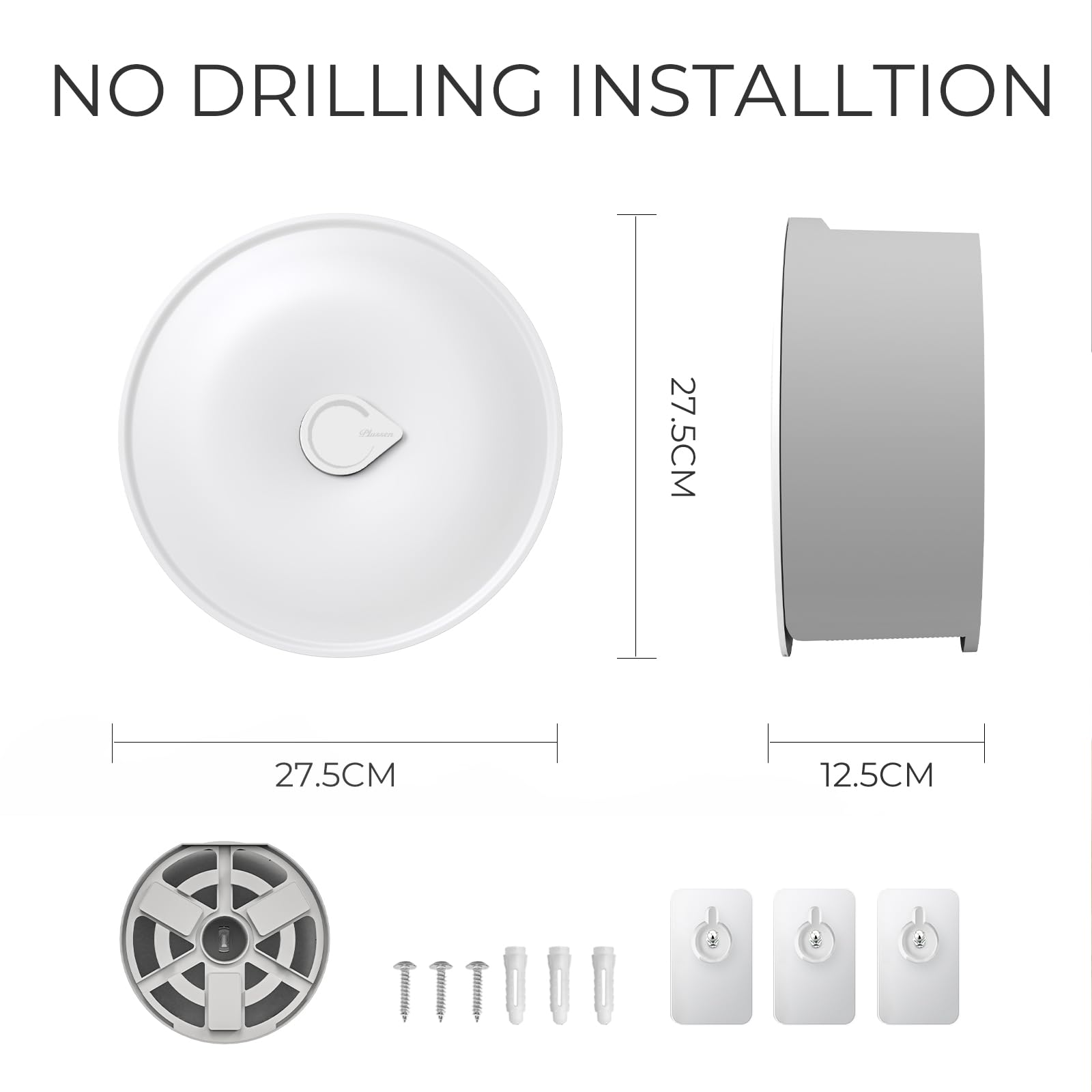 PLUSSEN Toilet Tissue Dispenser Wall Mount, Adhesive No Drilling Jumbo Roll Toilet Paper Towel Dispenser, 9 Inch Single Roll Toilet Paper Dispenser Key Lock, ABS Plastic, White-PN51023