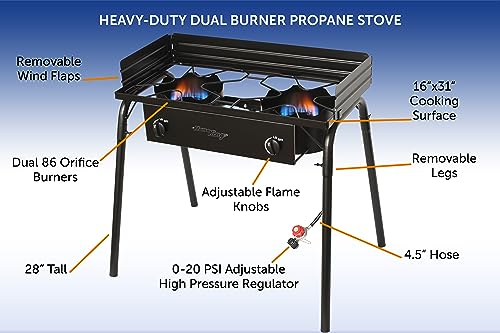 Flame King Outdoor Propane Double Dual Burner Stove 200K BTU Turkey Fryer/Camp Cooker, Portable with Stand Great for Backyard Cooking, Home Brewing & Canning