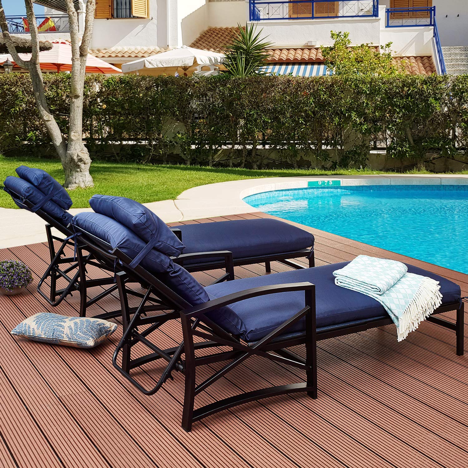 PatioFestival Patio Chaise Lounge Outdoor Adjustable Back Cushioned Chairs All Weather Steel Frame Lounger with Blue Pillow(2Pcs)
