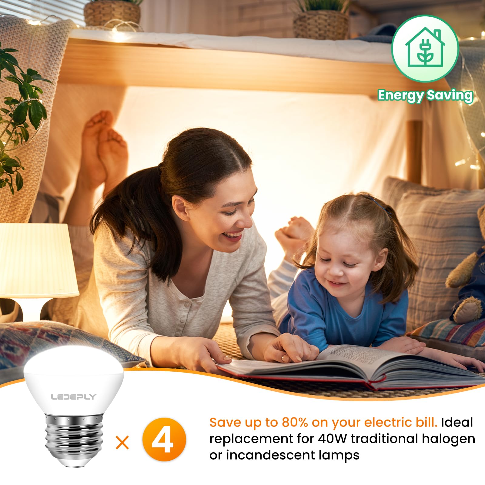 LEDEPLY R14 LED Bulb, 4W=40W, Dimmable, Medium E26 Base, Mini LED Reflector Floodlight Bulb, 400 Lumens, 2700K Warm White, 4 Pack