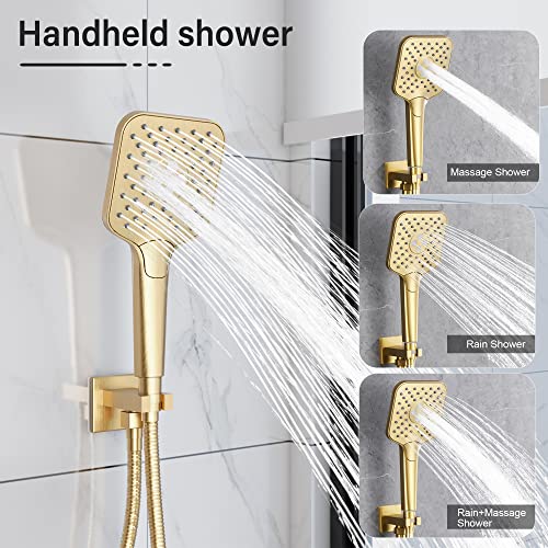 Gabrylly Shower System with Tub Spout, Wall Mounted Shower Faucet Set for Bathroom with High Pressure 10" Rain Shower head and 3-Setting Handheld Shower Head Set,Brushed Gold
