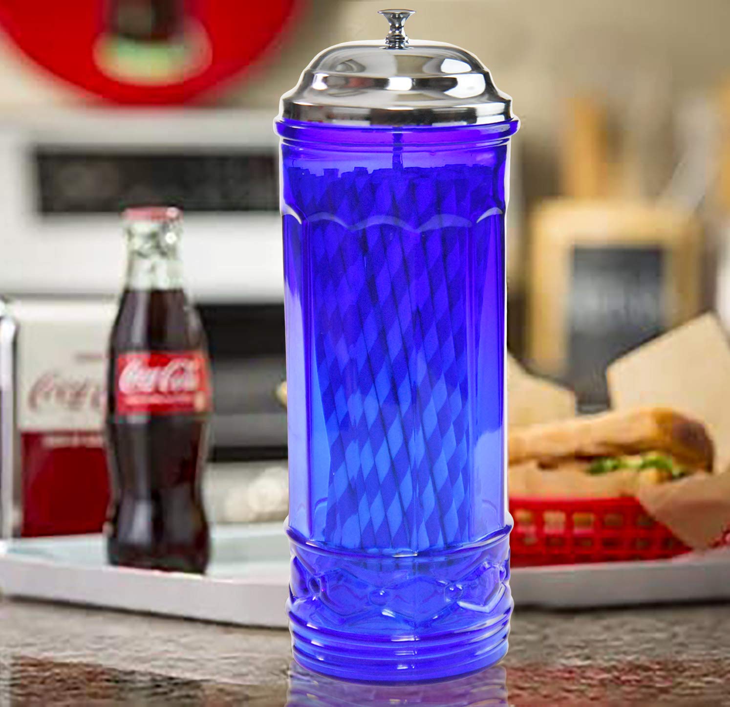 HOME-X Cobalt Blue Glass Straw Dispenser, Straw Holder, Vintage Home Kitchen Accessories, Pop Up Stra Lid Dispenser, Depression Style
