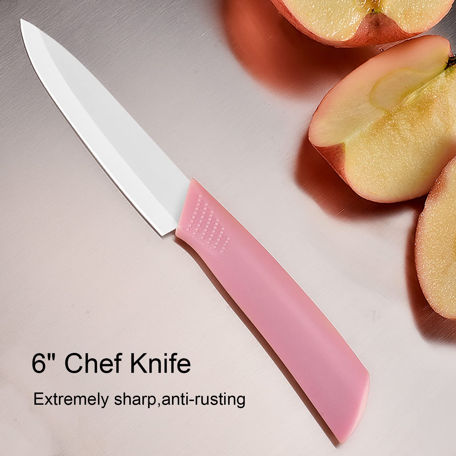 wgzixezn Ceramic Knife Set with Covers Pink Handle 6 Kitchen Knives Pcs - 6" Chef Knife 5" Utility Knife 4" Fruit Knife 3" Paring Knife Knife Block Holder and a Peeler,Pink
