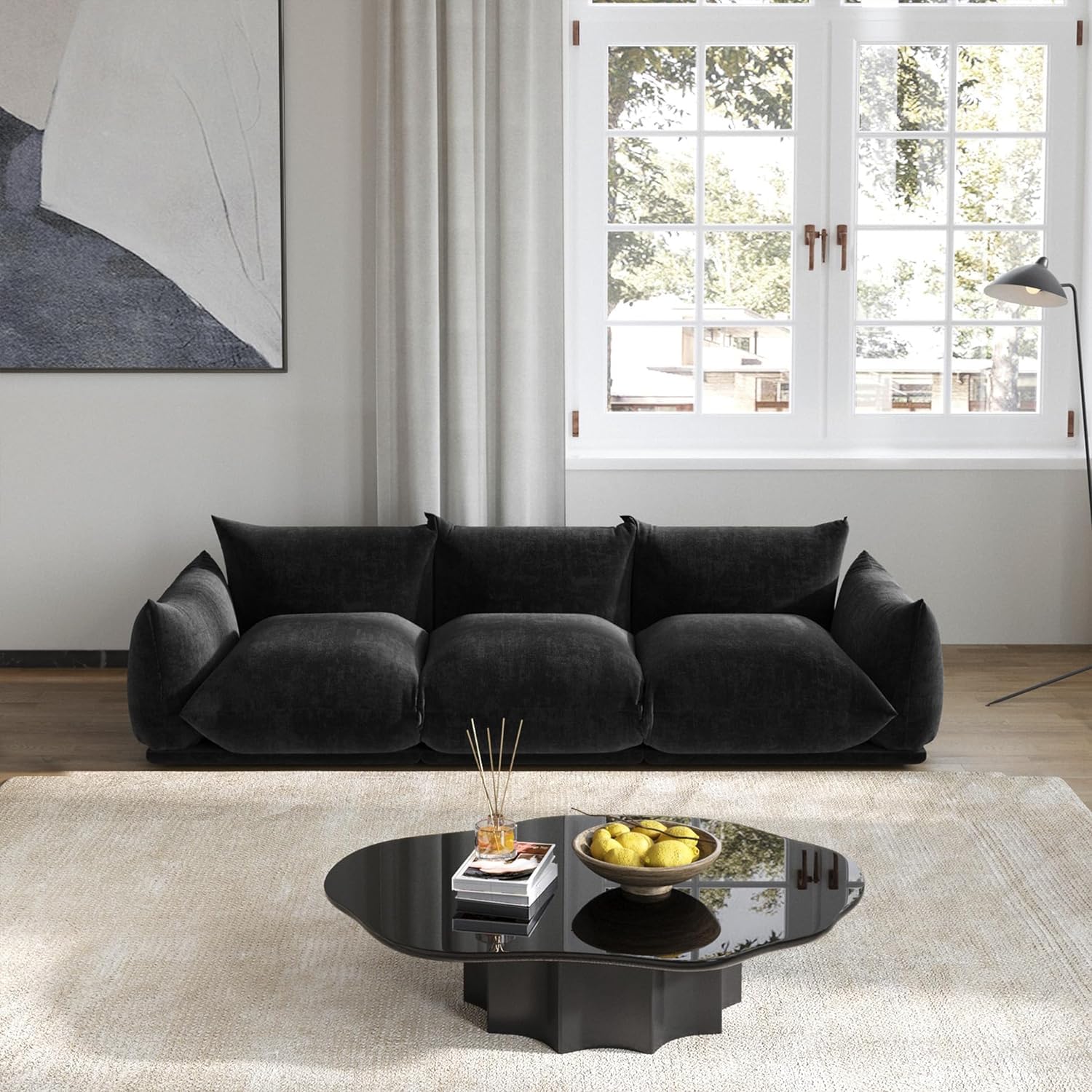 JACH Mid-Century Modern Sectional Couch, Chenille Modular Sofa for Living Room, Deep 3-Seats Minimalist Couches with Thick Cushion, 103" Comfy Sofas Furniture, Black