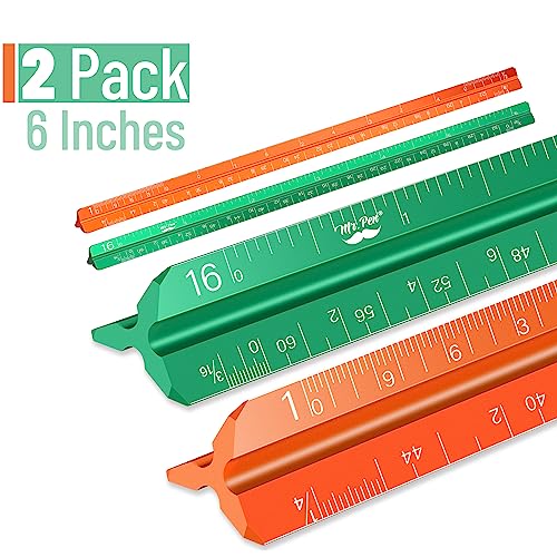 Mr. Pen- Small Architectural Scale Ruler, Aluminium, 6 Inch, 2 Pack, Green and Orange, Pocket Size Ruler, Triangle Ruler, Metal Ruler Set, Architect Scale Ruler for Blueprints