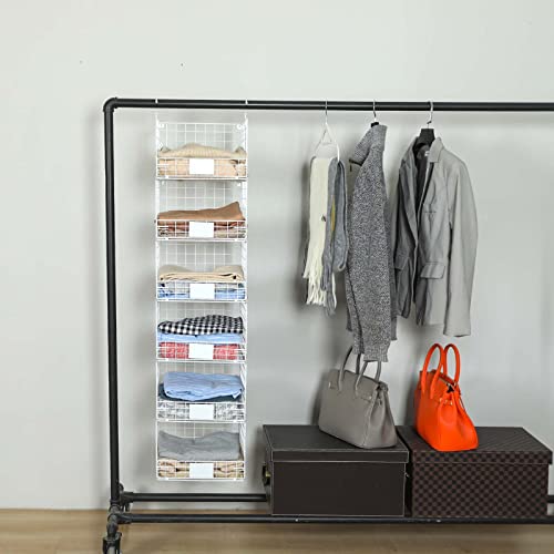 Jautokerdar 6 Tiers Hanging Closet Shelves Organizer with Name Plate S Hooks, Wall Mount&Cabinet Wire Storage Basket Bins, for Clothing Sweaters Shoes Handbags Clutches Accessories