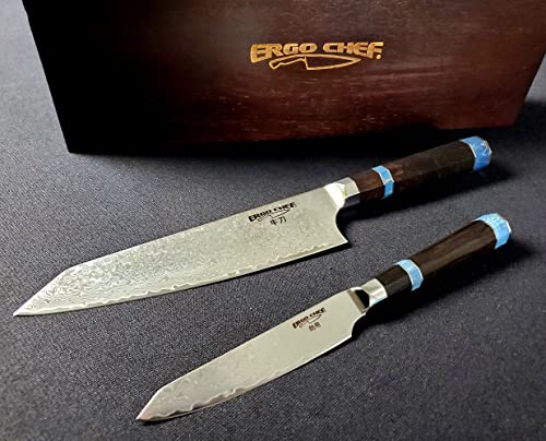 Ergo Chef Limited Series 2pc. Damascus Japanese VG10 8-inch Kiritsuke Knife and 5 inch Utility knife Set, Ebony and Blue Stabilized Wood Handles Includes Wooden Gift/Storage Box