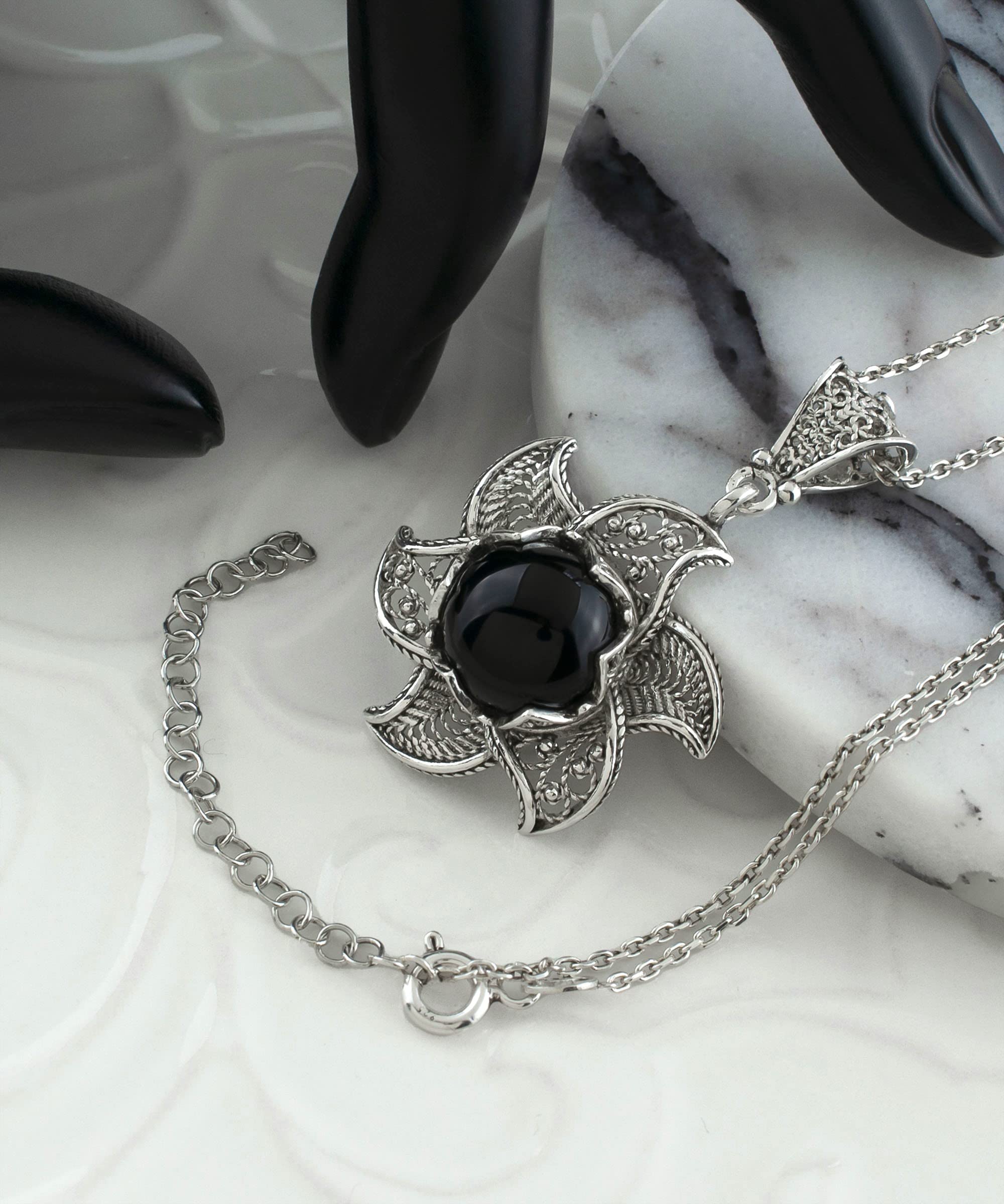 Filigranist 925 Sterling Silver Filigree Art 3D Lotus Flower Women Pendant Necklace with Gemstones (Black Onyx)