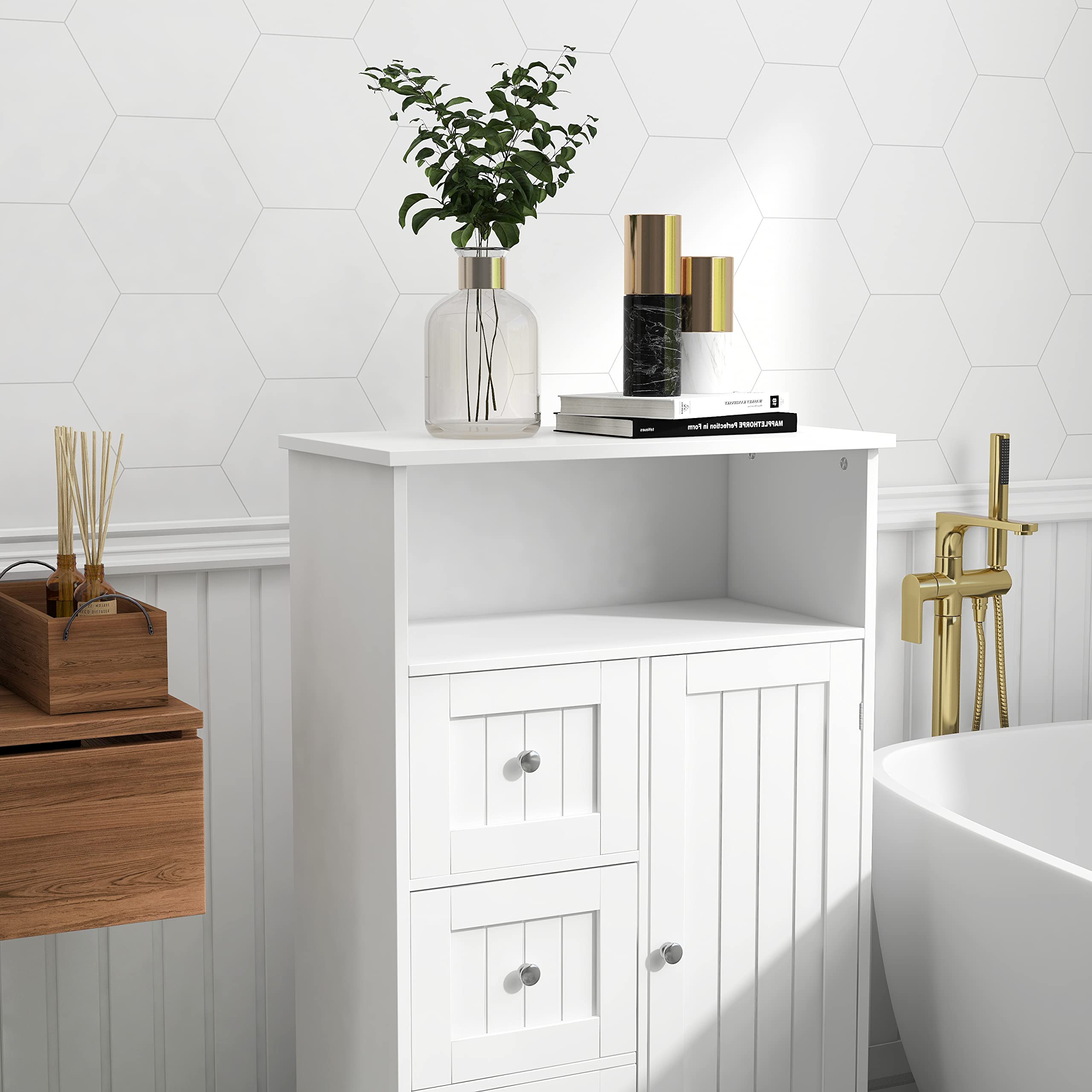 Knocbel Bathroom Floor Storage Cabinet with 3 Drawers, Open Compartment and Single Door, Free Standing Bath Organizer Unit, 23.6" W x 11.8" D x 39.6" H (White)