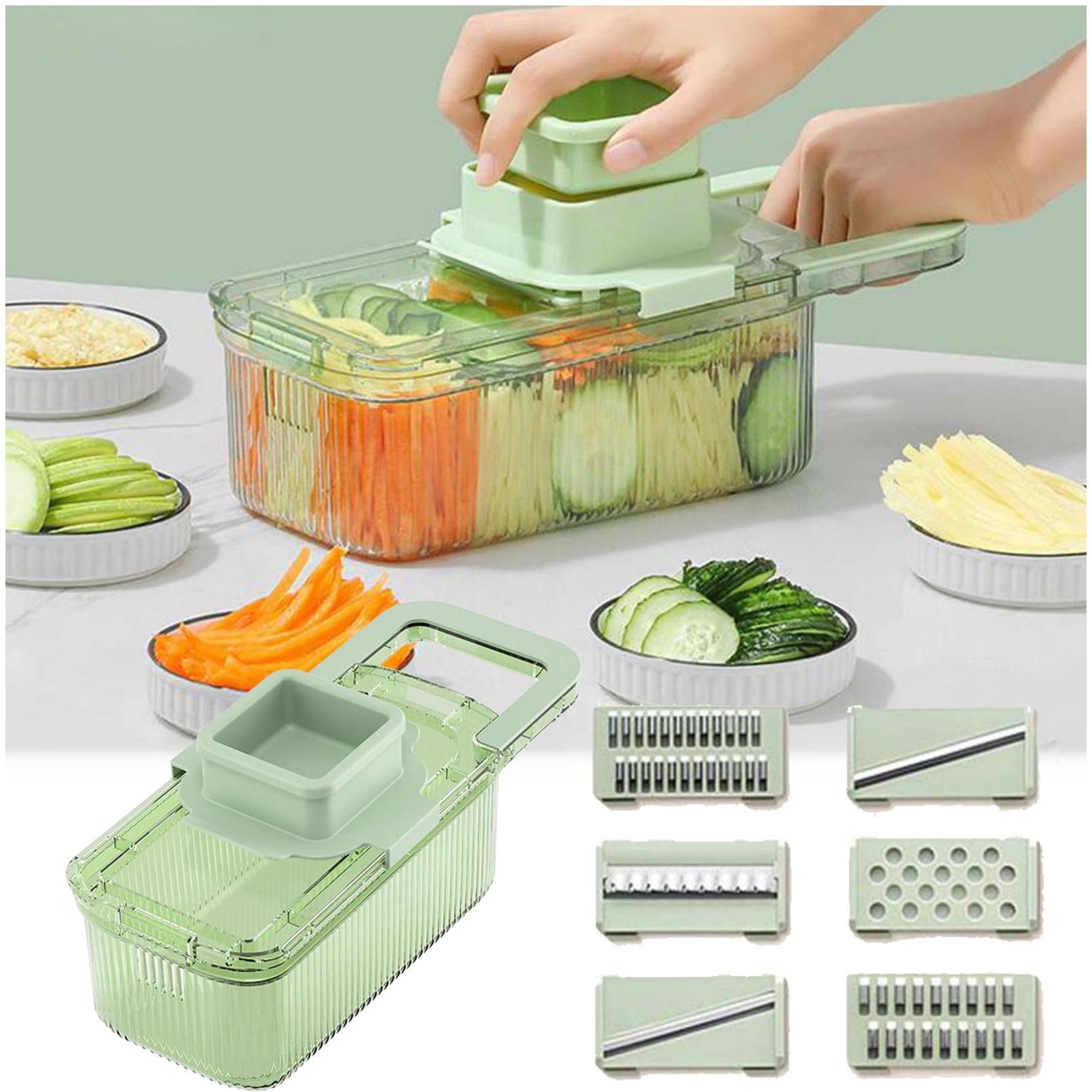 Generic Versatile Multifunctional Grater with Six Cutting Tools, Round Vegetable Chopper. Comes with a Container, Useful Food Chopper, Efficient Vegetable Chopper with Container (A), 11.8×4.72×4.33In