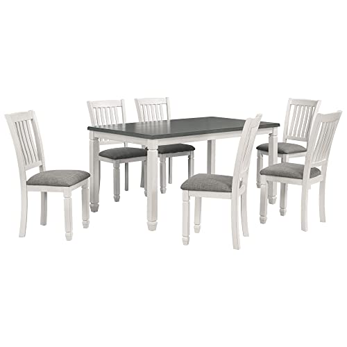 LUMISOL Farmhouse 7 Pice Dining Table Set with 6 Upholstered Chairs Solid Wood Kitchen Dining Set for Dining Room/Living Room Furniture