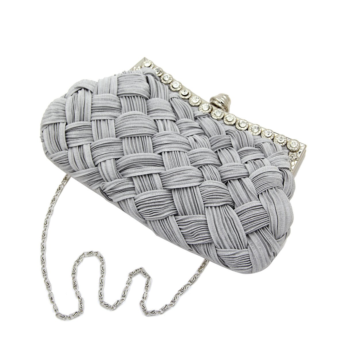 TrendsBlue Elegant Braided Pleated Glitter Rhinestone Clutch Evening Bag, Silver Grey