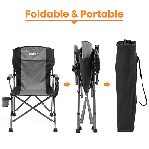 XGEAR Camping Chair with Padded Hard Armrest, Sturdy Folding Camp Chair with Cup Holder, Storage Pockets Carry Bag Included, Support to 400 lbs(Grey)