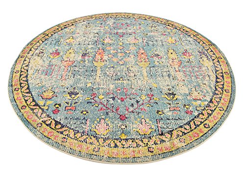 Unique Loom Monterey Collection Vintage Bohemian Inspired with Distressed Tribal Design Area Rug, Round 8' 0" x 8' 0", Blue/Yellow