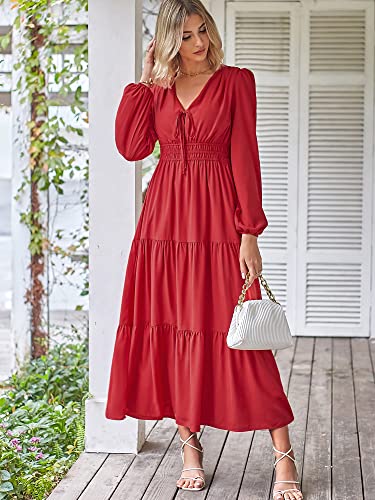 ZAFUL Women Casual V Neck Long Dress Tie Neck Solid Color High Waist Tiered Ruffle Hem A Line Swing Maxi Dresses (1-Wine, M)