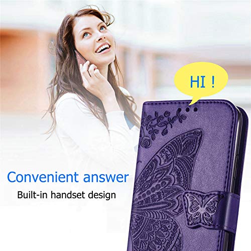 PU Leather Wallet Flip Protective Phone Case with Wrist Strap Card Slots Holder Pocket Emboss Butterfly Flower Stand Case for Samsung Galaxy A32 5G Purple