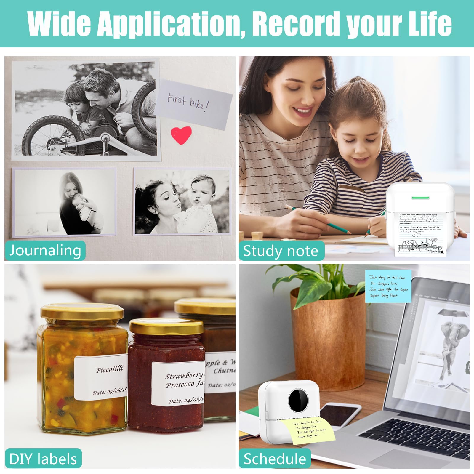Mini Thermal Printer, Portable Inkless Photo Printer with 8 Rolls Continuous Paper, Pocket Printer Sticker Maker for Study Notes, Labels, Journal, USB Rechargable Mini Printer for iOS Android
