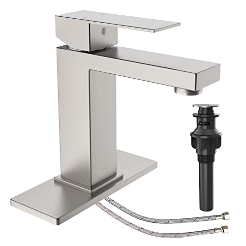 Homfan Brushed Nickel Bathroom Sink Faucet for 1 or 3 Holes with Pop Up Drain Stopper & Water Supply Hoses No-Lead Modern Single Handle Bathroom Faucet (Deck Plate Included)