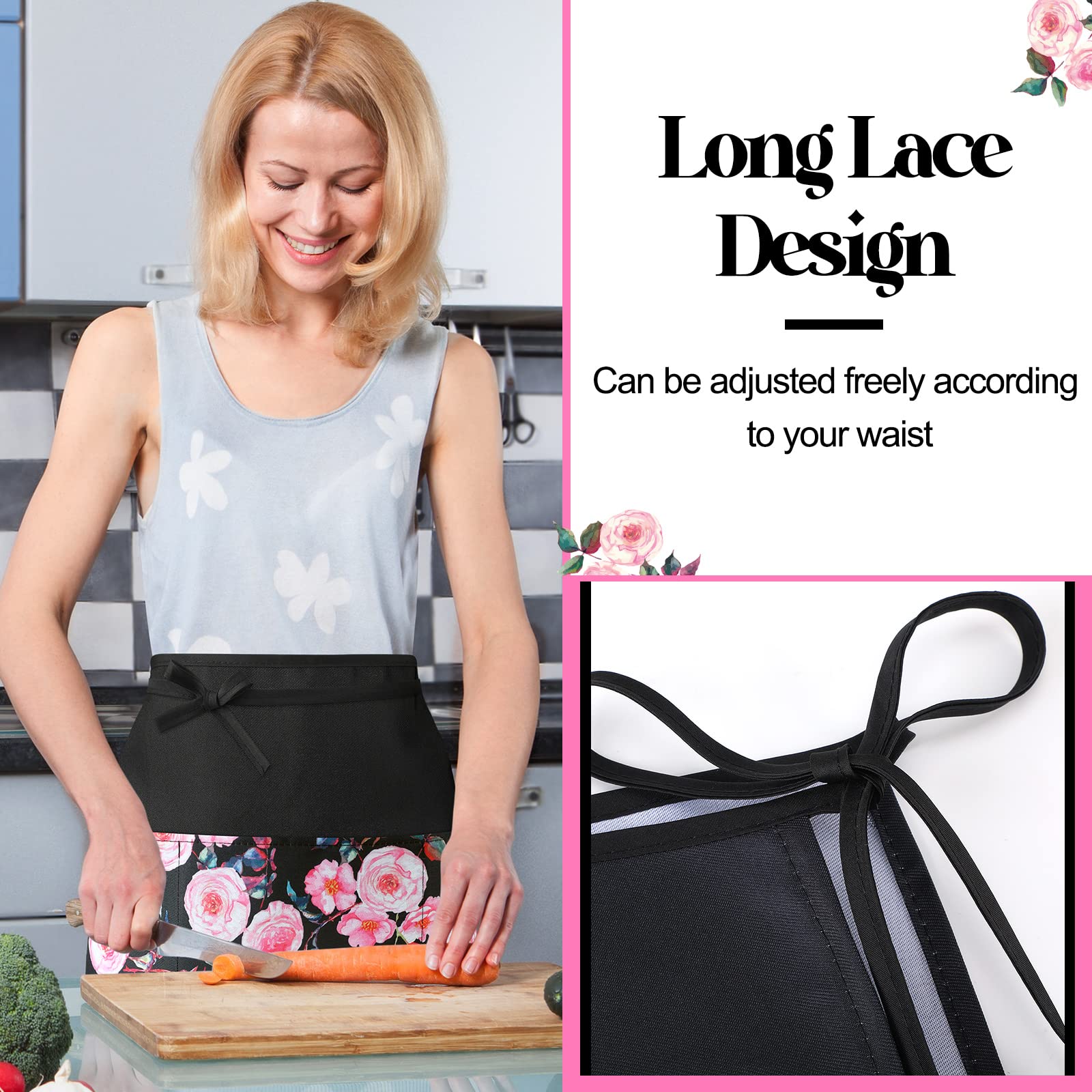 Handepo 4 Pack Teachers Waist Aprons for Women Waist Length Aprons with Pockets Design Adjustable Waist Tie Half Apron for Kitchen Garden Work