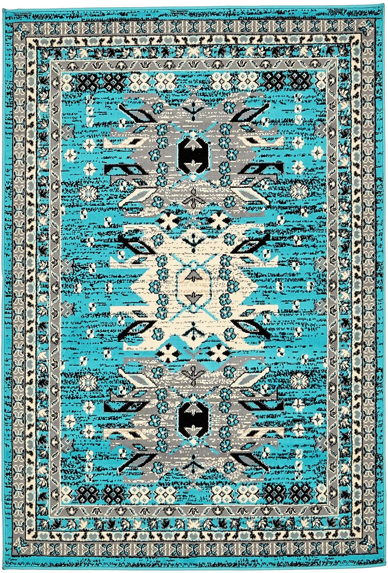 Unique Loom Taftan Collection Border Geometric Tribal Inspired Design Area Rug, 4 ft x 6 ft, Turquoise/Gray
