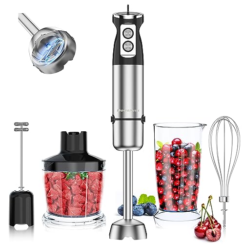 Immersion Blender 800W, 5 in 1 Hand Blender, 24 Speed and Turbo Mode Immersion Blender Handheld, Stick Blender Stainless Steel Blade with Mixing Beaker, Chopper, Whisk and Milk Frother