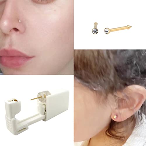 Jamal Ear Rings Studs with Piercing Gun Disposable Sterile Body Ear Nose Piercing Kit Tool with Stud Safety Portable Ear Piercing Kit 1 unit (Nose Gold White)