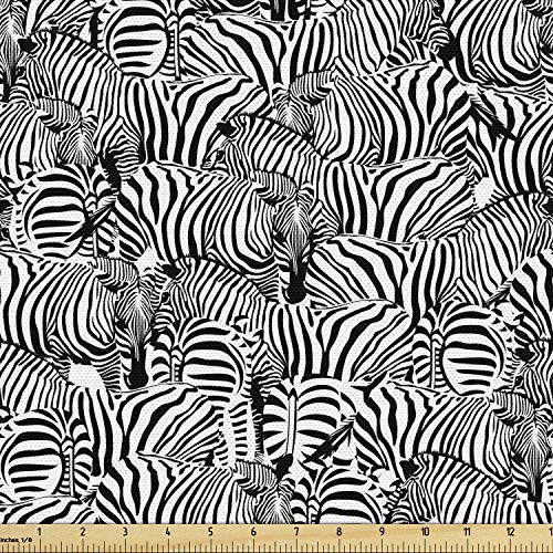 Lunarable Zebra Fabric by The Yard, Savannah Fauna Herd with Black Stripes Design Monochrome Illustration, Decorative Fabric for Upholstery and Home Accents, 1 Yard, Black and White