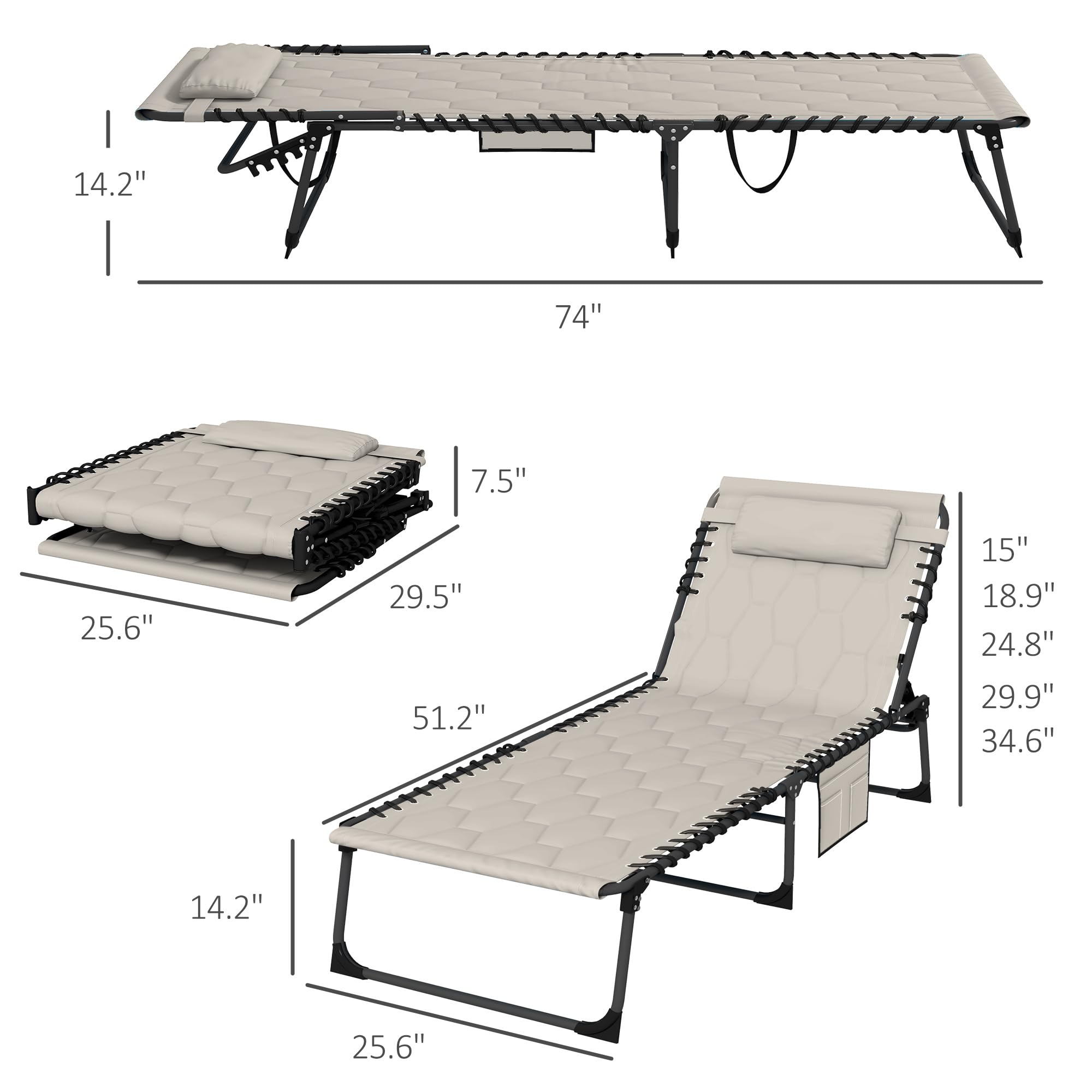 Outsunny Folding Chaise Lounge Set of 2 with 5-Level Reclining Back, Outdoor Lounge Tanning Chair with Padded Seat, Side Pocket & Headrest for Beach, Yard, Patio, Khaki