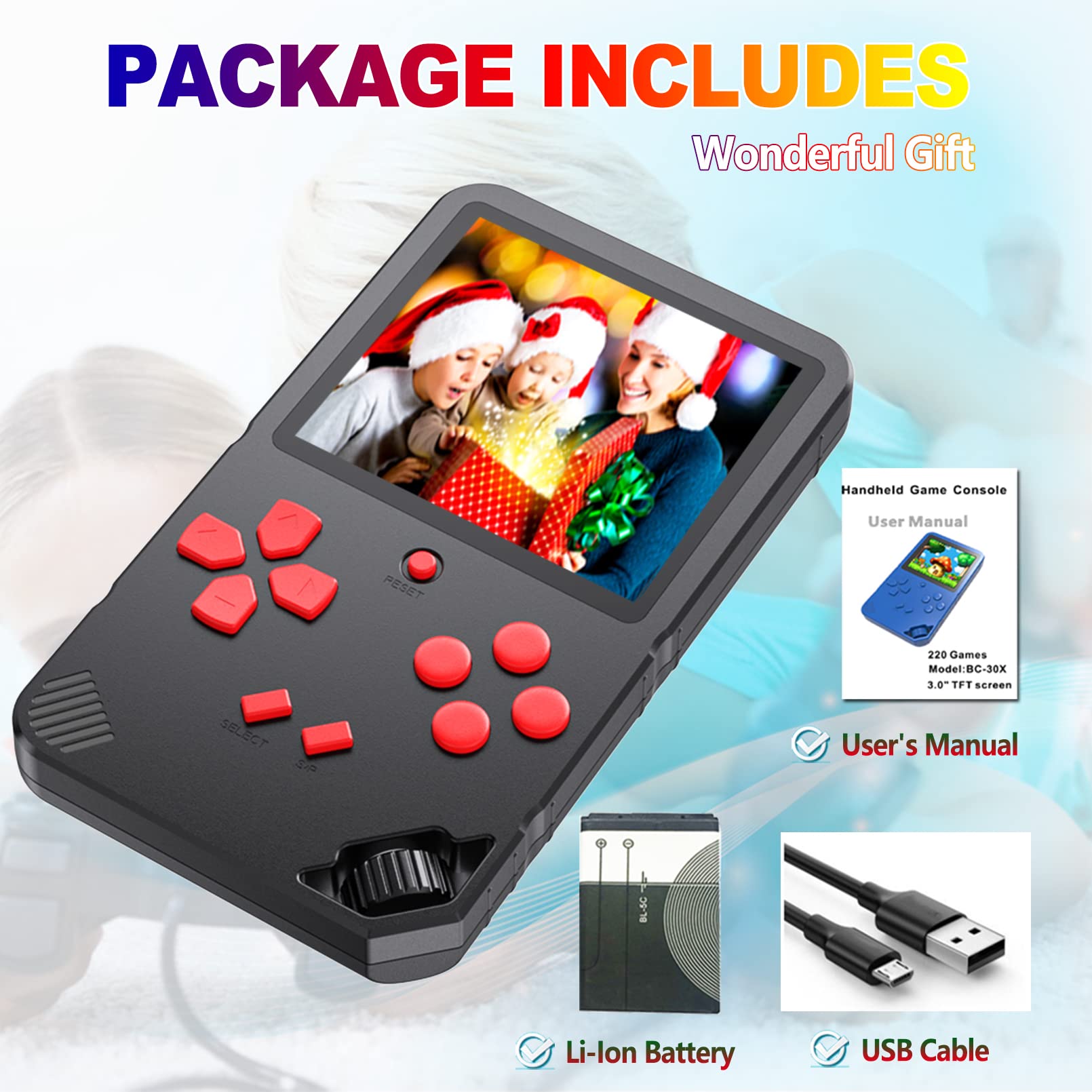 TEBIYOU Handheld Game Console for Kids Portable Gaming Player with Built in 220 16 Bit Electronic Video Games 3.0'' Large Screen Rechargeable Game System for Children's Birthday (Red)