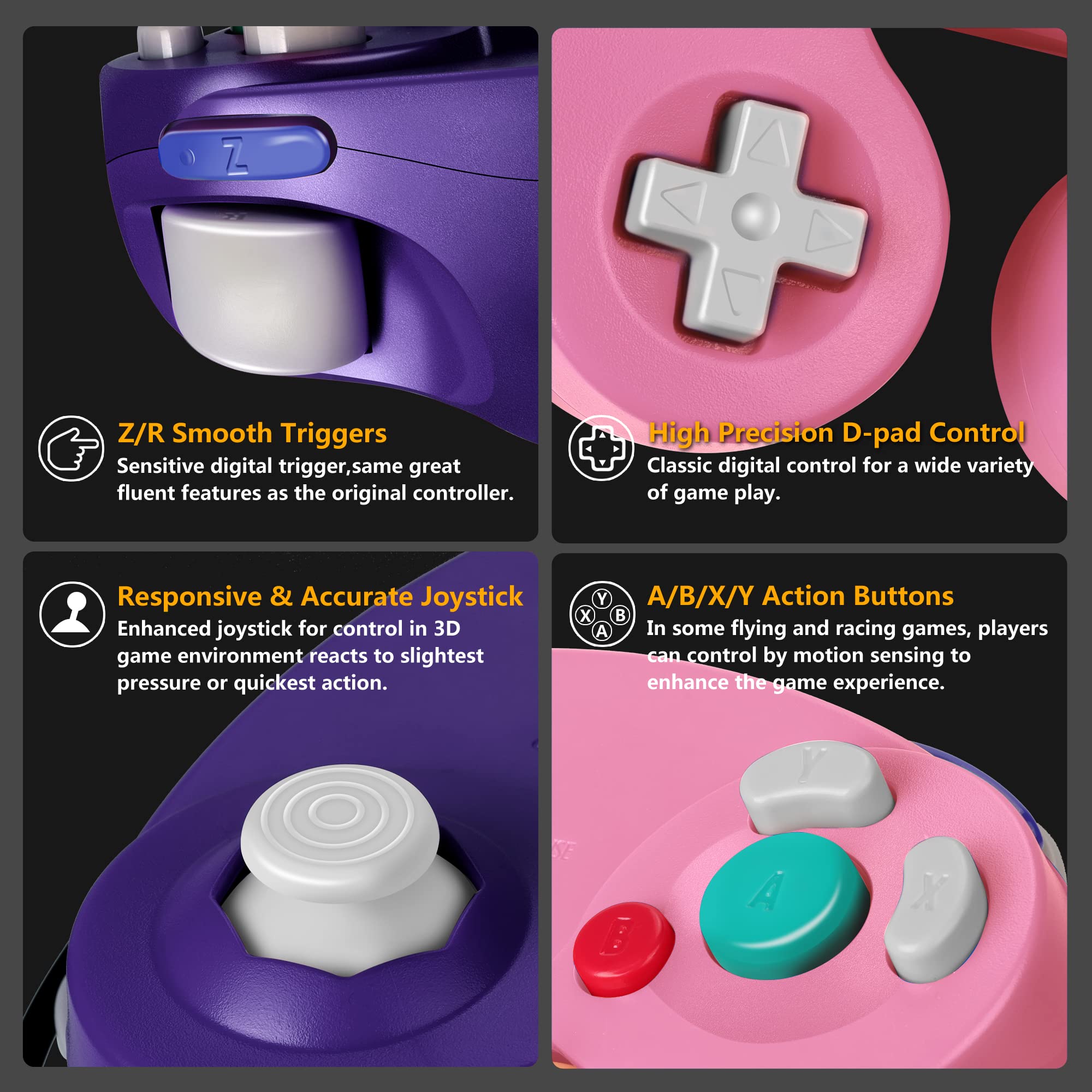 FIOTOK Gamecube Controller, Classic Wired Controller for Wii Nintendo Gamecube - Enhanced- 4 Pack (Black&Black&Pink&Purple)
