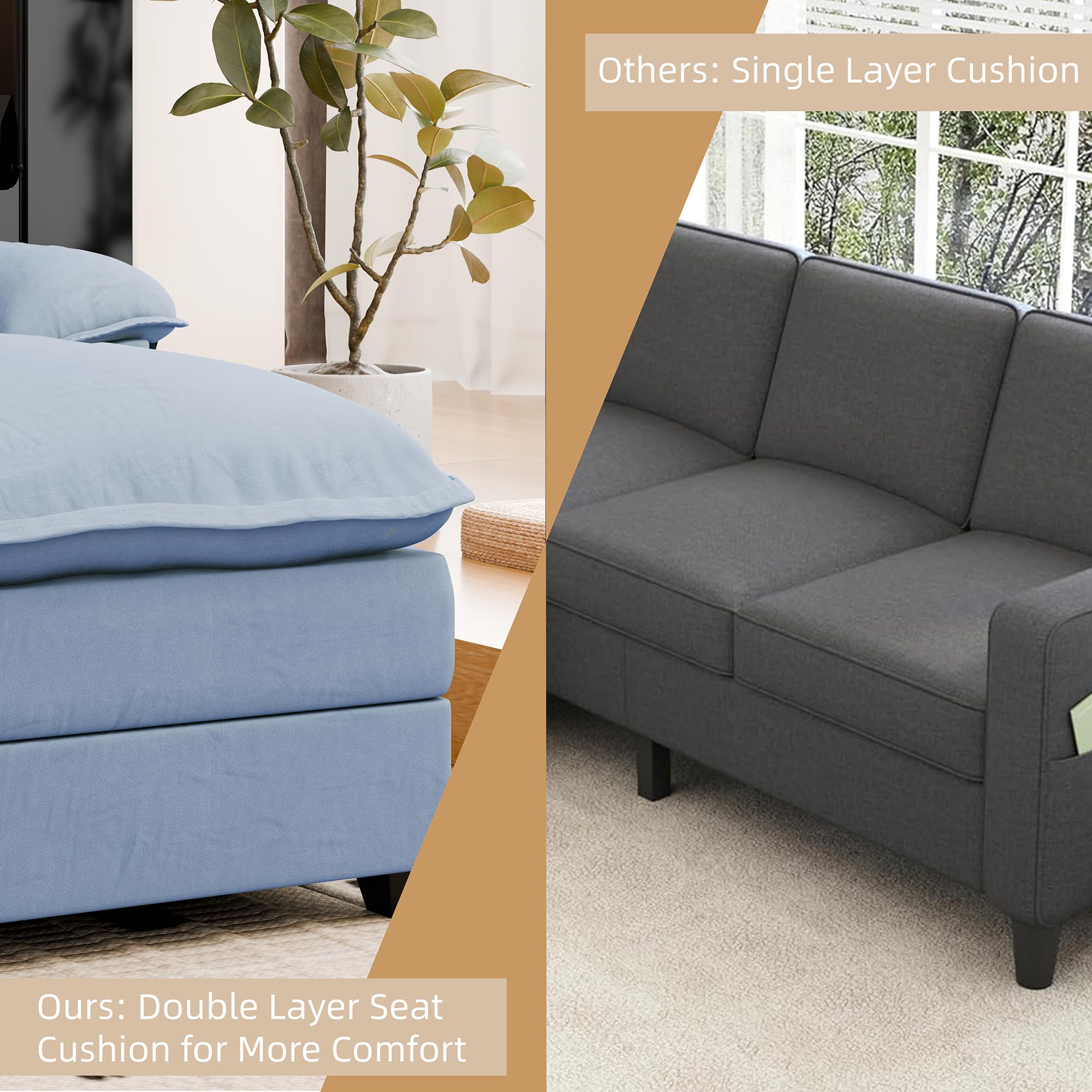 JAMFLY Sectional Couches for Living Room, U-Shaped Couch 4 Seat Sofa Set with Double Chaises, Modern Fabric Modular Sectional Sofa Set for Apartment, Blue