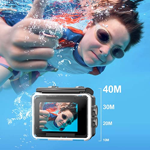 Waterproof Action Camera 4K-Ultra HD 60FPS 24MP 40M Underwater Helmet Vlog WiFi Camera,8X Zoom Touch Dual Screen EIS Stabilization Cam/Wireless Mic/Remote Control/Battery*2/Charger/Accessories Kit