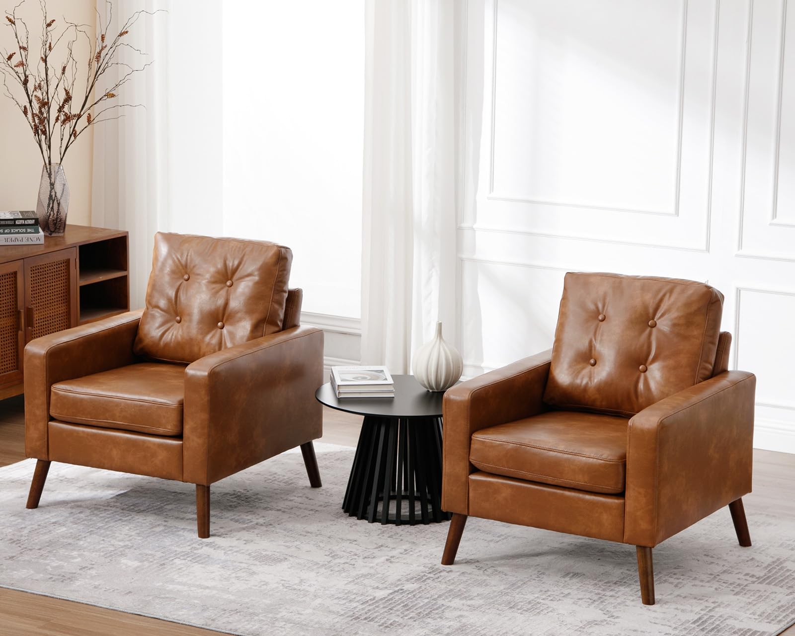 Mid Century Modern 53” Loveseat Sofa, Comfy Upholstered Button Tufted Faux Leather 2 Seater Small Sofa Couch, Lounge Sleeper Sofa Bed Love Seats for Small Spaces Living Room Apartment Bedroom, Brown