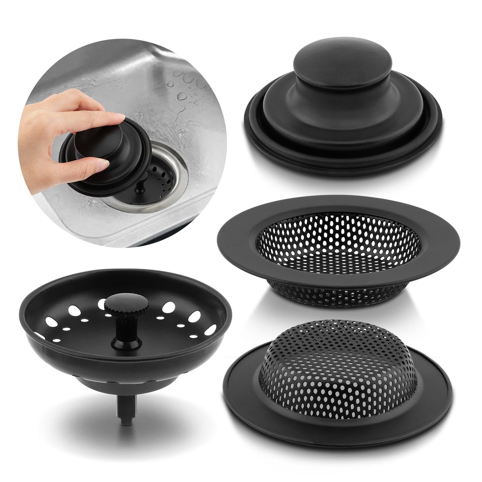 Kitchen Sink Stopper Strainer Set, 2 Stainless Steel Mesh Sink Drain Basket +1 Sink Drain Strainer +1 Sink Stopper for Kitchen Bathroom Sinks Bathtubs Replacement Sink Accessories(Black)
