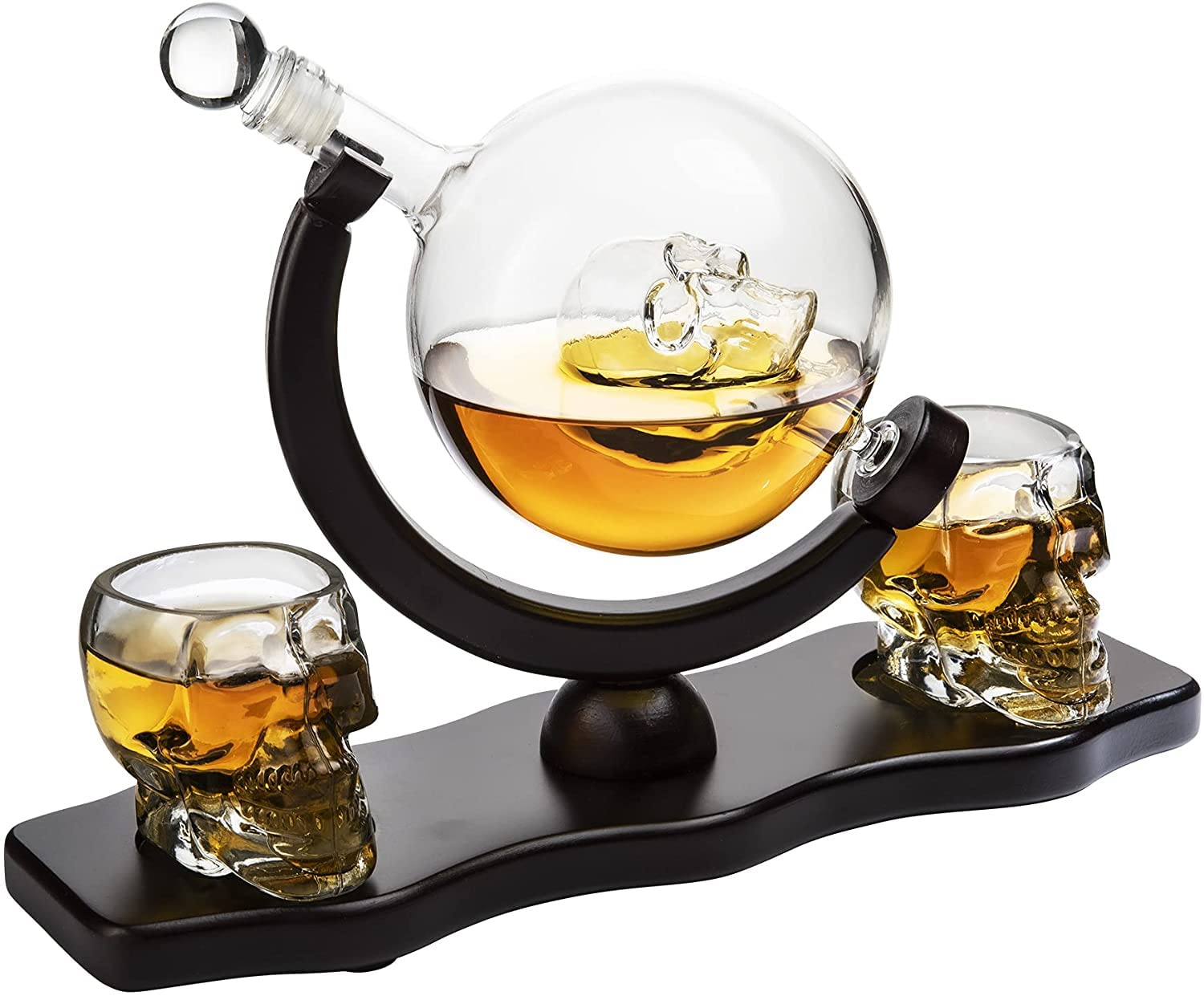 Skull Skeleton Wine & Whiskey Globe Decanter Set - 850 mL With 2 Skull Head 3oz Skeletons Shot Glasses + Mahogany Wooden Base Goth Spooky Drinking Glassware