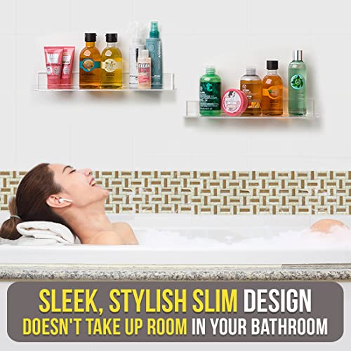 Pretty Display Acrylic Bathroom Shelves [2 Pack] Wall Mounted 15" Shelf Set - Crystal Clear Floating Shelves, Easy to Wall Mount, Rust-Proof & Maintenance-Free