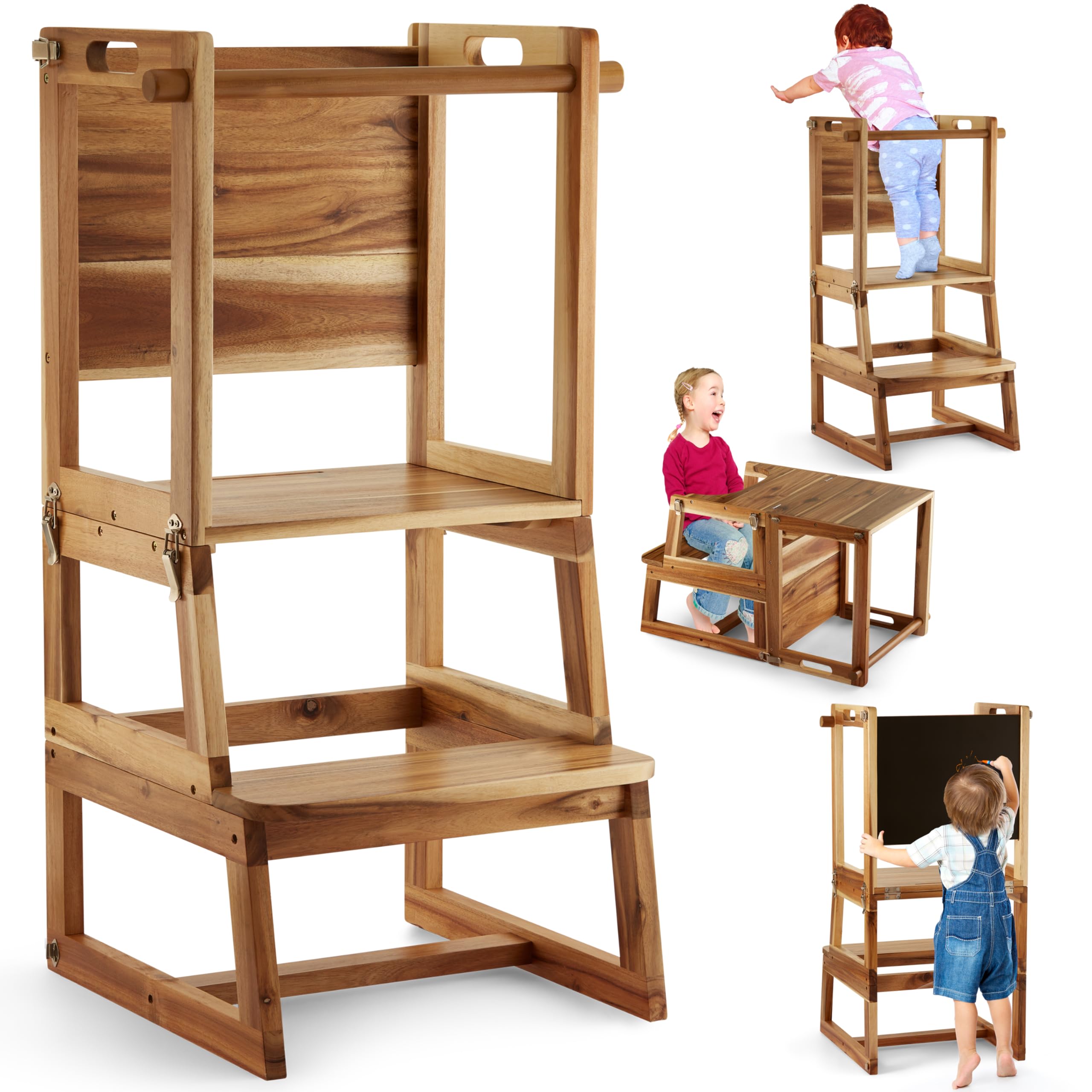 Kitchen Step Stool, Standing Tower, Step Stool Kitchen Stool Helper with Chalkboard, 3 in1 Folding Kitchen Tower Stool, Wooden Tower for Kitchen, Free Hands (Warm Acacia)