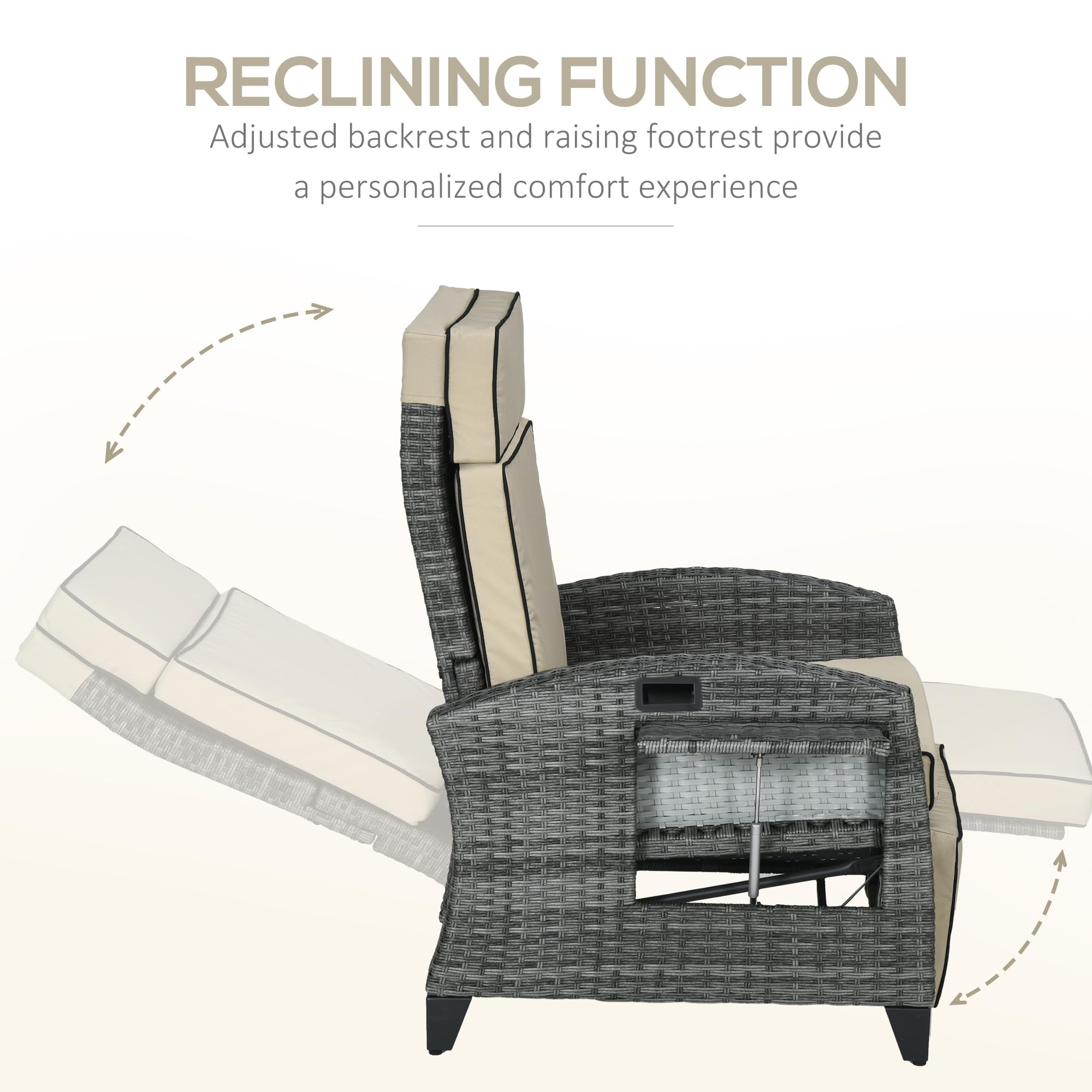 Outsunny Outdoor Recliner Chair with Cushions, PE Wicker Reclining Patio Lounge Chair with Adjustable Footrest, Armrests, Side Tray Table for Balcony, Porch, Khaki