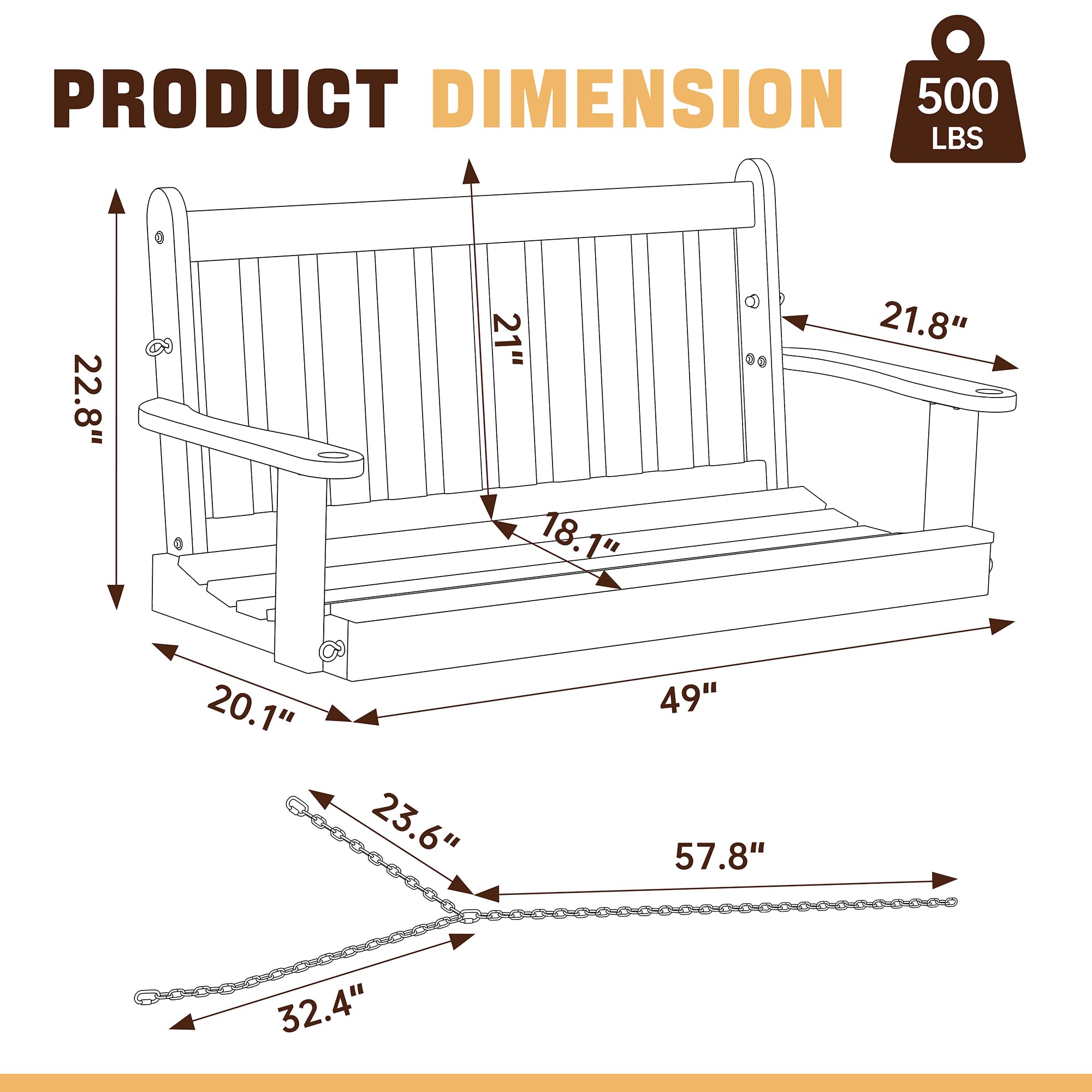 JAMFLY Wooden Porch Swing Outdoor, Bench Swing with Hanging Chains for Outdoor Patio Garden Courtyard Backyard, White