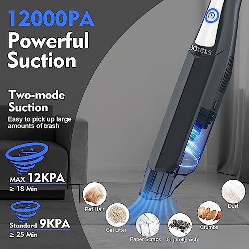 XREXS Handheld Vacuum Cordless, Car Vacuum Cleaner High Power, 12000Pa Strong Suction Rechargeable Hand Held Vacuum, Portable Lightweight Wireless Vacuum Cleaner for Home, Office, Pet Hair Cleaning