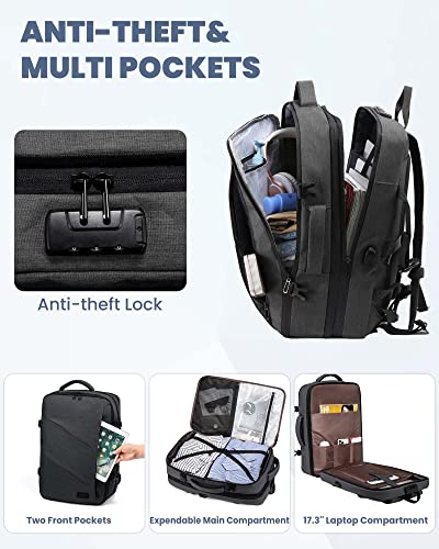 LOVEVOOK Travel Backpack, 30-40L Expandable Extra Large Backpack with Lock, Carry on Backpack 17 Inch with USB Port, Anti-Theft Water Resistant Business Backpack for Men Women, Dark Grey