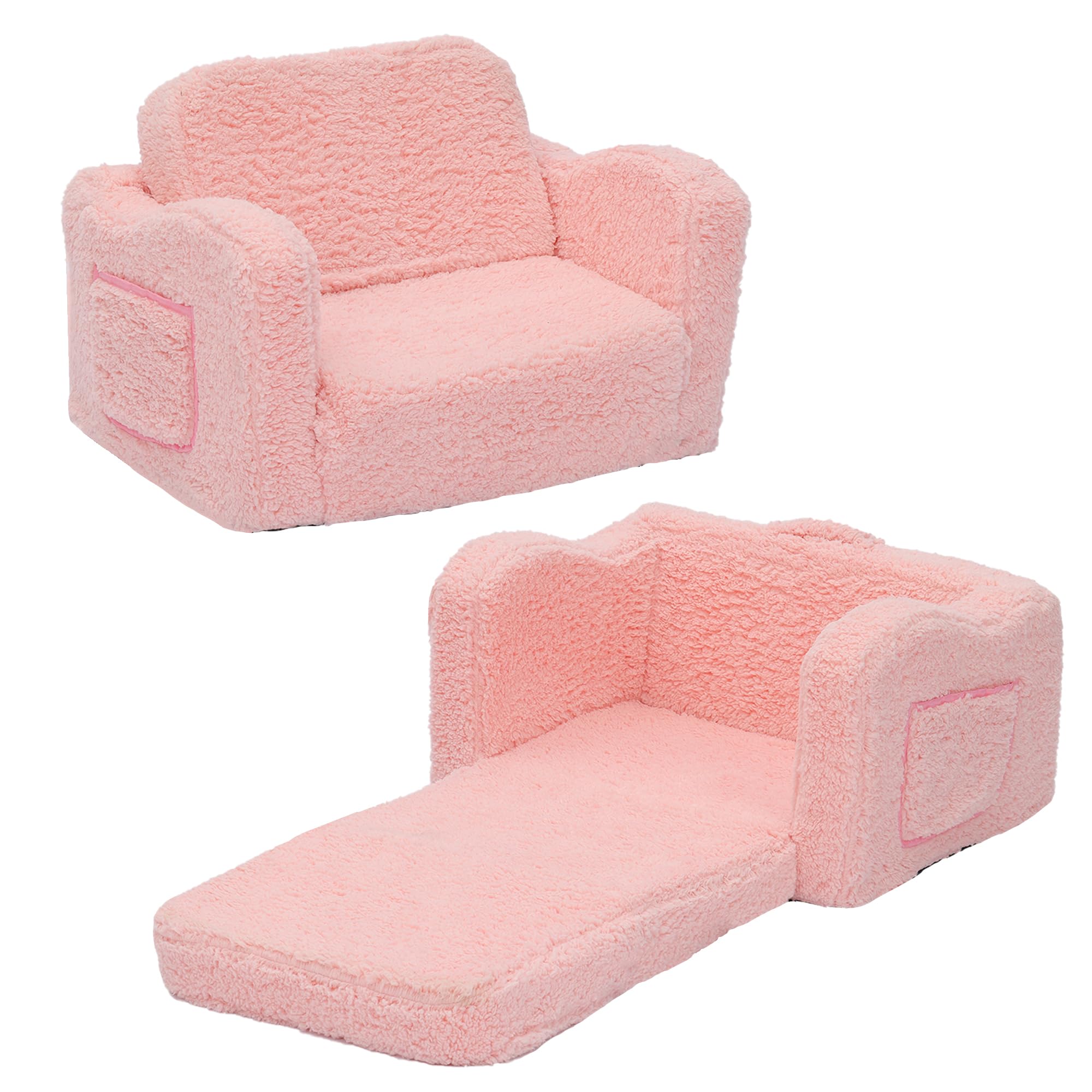 MISHAO Toddler Couch 2-in-1 Foldable Kids Sofa Couch Chair w/Removable Cover, Baby Comfy Pull Out Sofa Armchair to Lounger Sleeper Bed w/Side Pockets for Boys & Girls (Sherpa Pink)