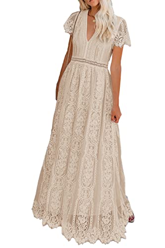 PRETTYGARDEN Women's Floral Lace Maxi Dress 2023 Short Sleeve V Neck Bridesmaid Wedding Evening Party Dresses (Apricot,Medium)