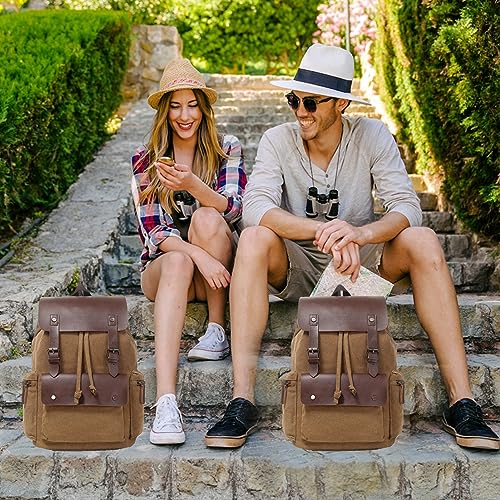 lulusnie Canvas Laptop Backpack Vintage Backpack for Men Women, College Computer Backpack Fits 15.6 Inch Laptop, Vegan Leather Daypack Work Travel Bookbag, Brown