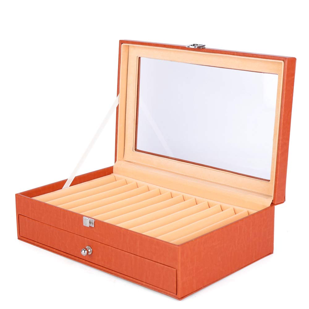 Pen Display Box 24 Piece Black Leather Flannel Pen Organizer Box,Glass Pen Display Case Storage Box with Lid,Top Glass Window Two Level Display Case with Drawer Pen Collection Display Case (Orange)