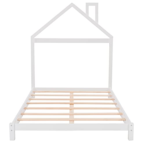 Lifeand Full Size Wood Platform Bed with House-Shaped Headboard for Kids Teens,No Box Spring Required,White