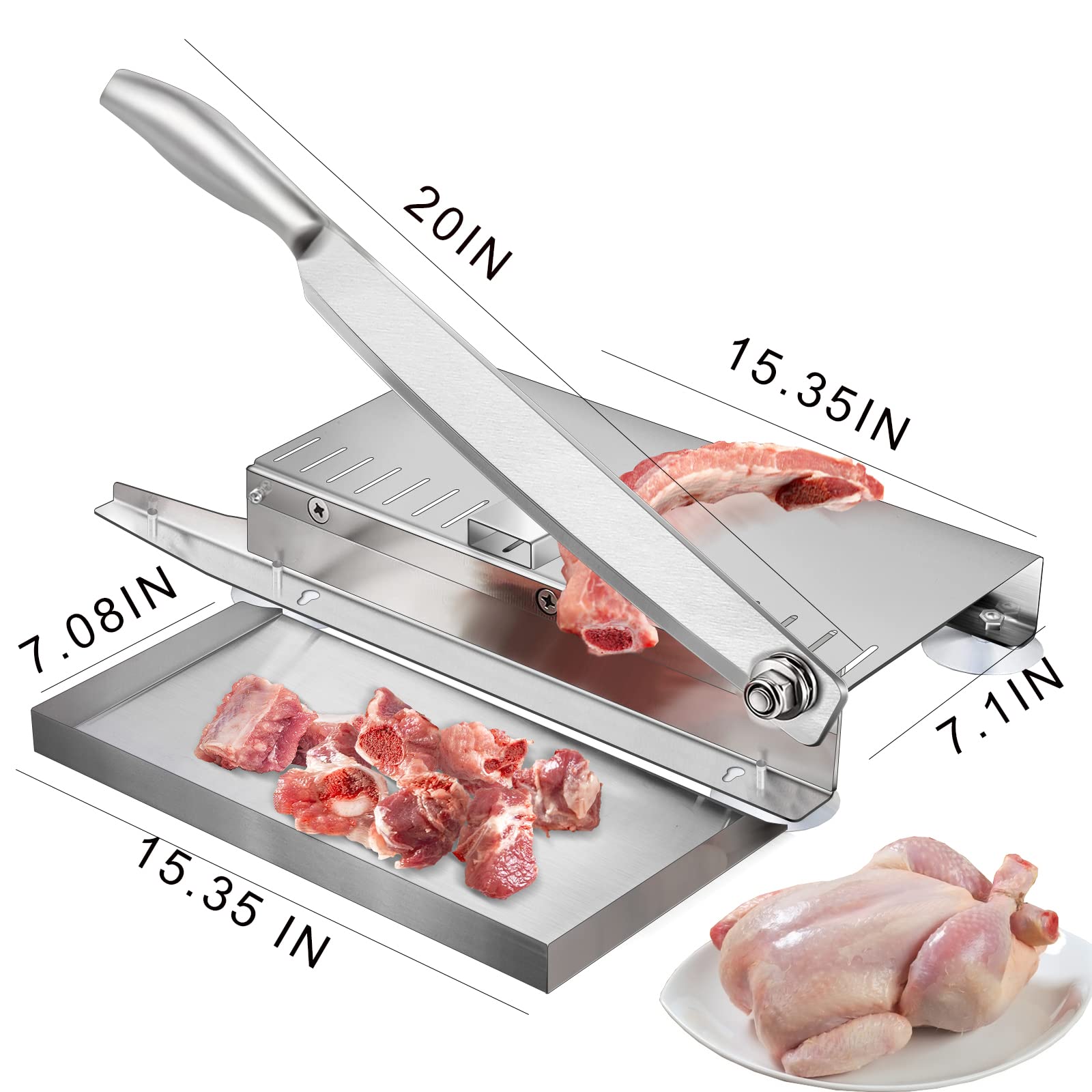 Meat Slicer Bone Cutter 20in,Manual Ribs Chopper for Chicken Fish or Beef,Stainless Steel Frozen Meat Slicer with Food Tray