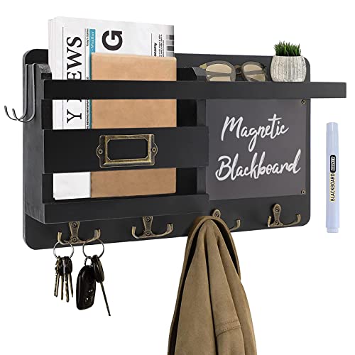 Kanmart Key Hooks for Wall Decorative: Retro Key Hanger with 4 Key Holders, Mail Organizer with Mail Slot, Side Hooks, Magnetic Blackboard & Marker, Black, KM-H01