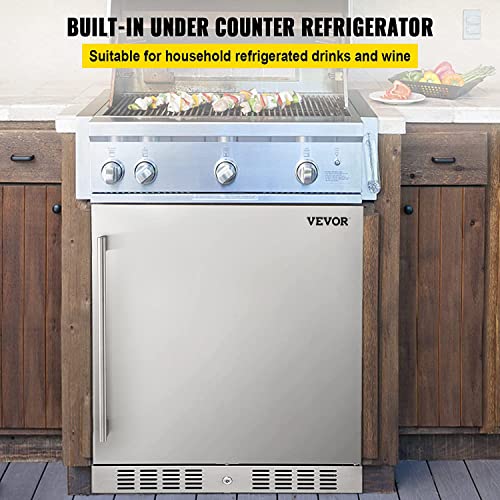 VEVOR 24" Undercounter, 5.3 cu.ft. Compact Stainless Steel, Built-in Beverage Refrigerator,Mini Beer Fridge for Home Bar Office Outdoor, Silver