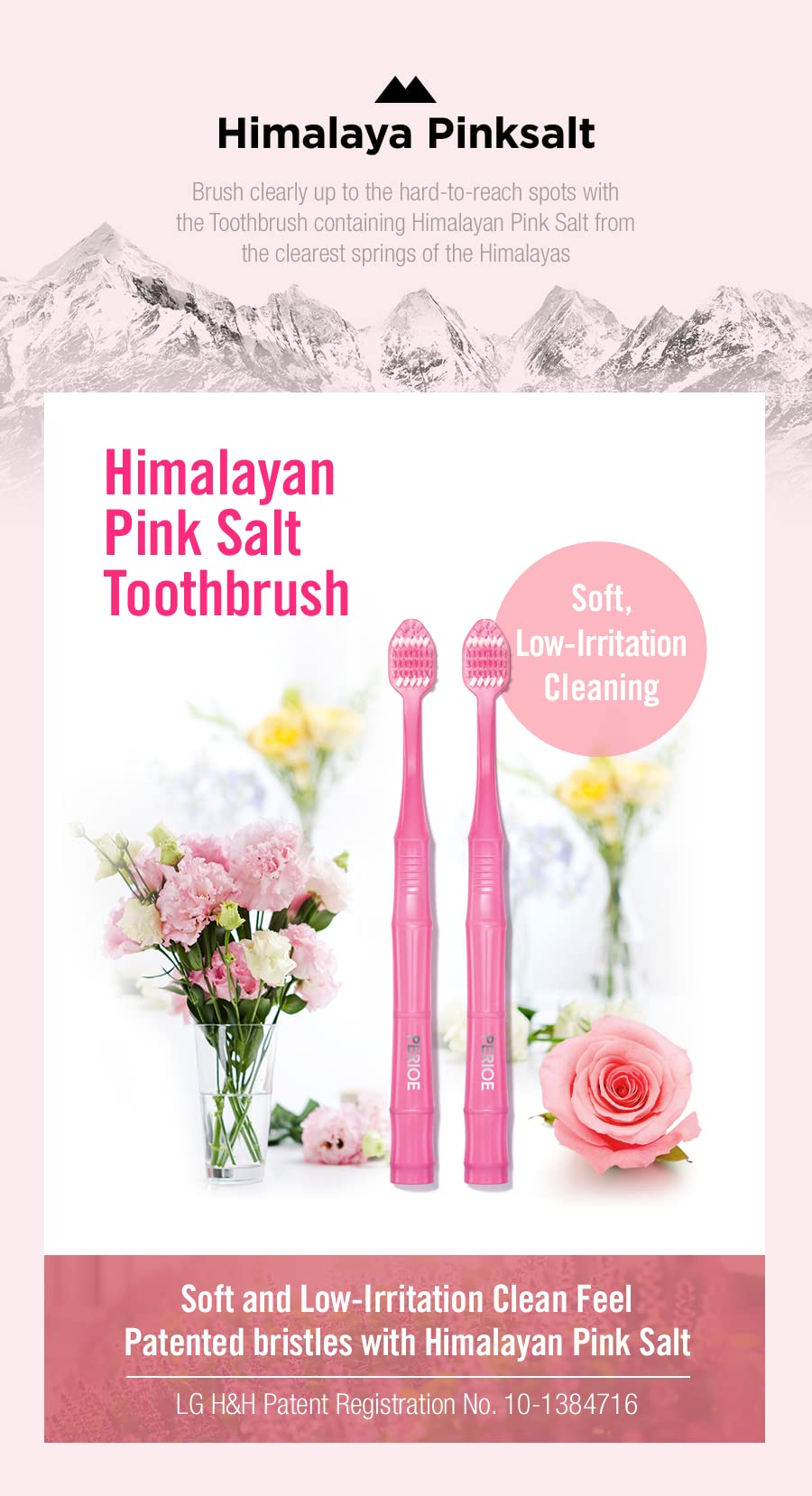 Perioe Himalayan Pink Salt Toothbrush, Small (1 Count) | Compact Head, Soft Bristle Manual Toothbrush Infused with Himalayan Pink Salt for Deep Cleaning Tartar Plaque, Sensitive Gums & Teeth Oral Care